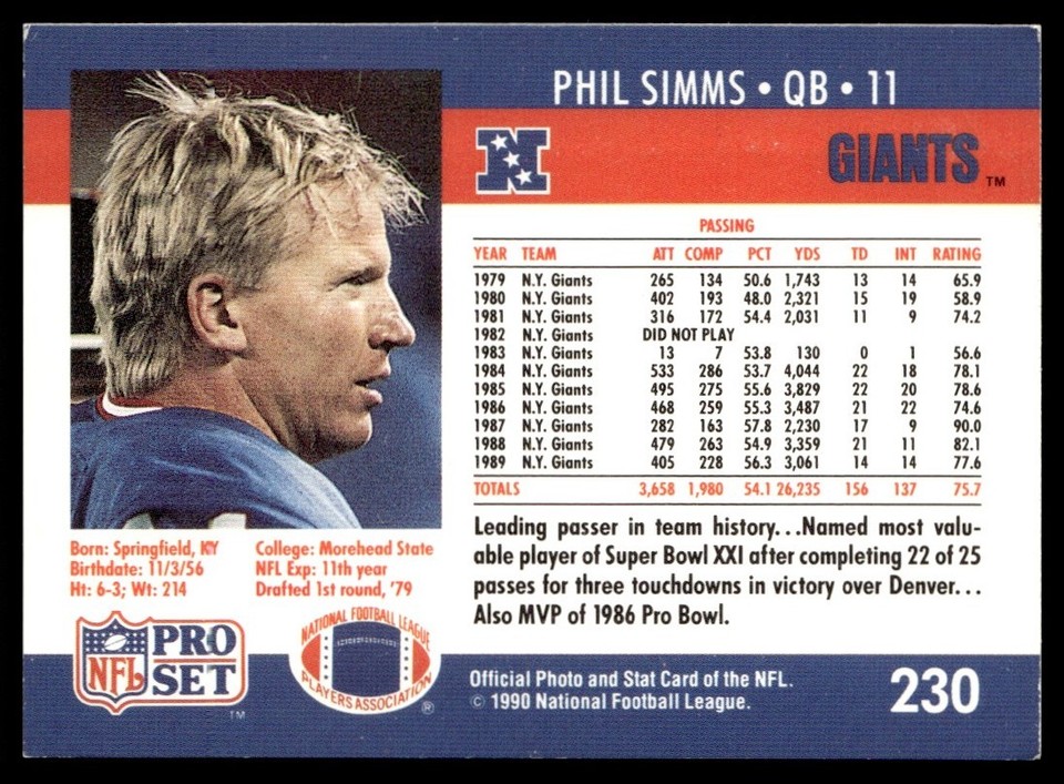 1990 Pro Set Phil Simms New York Giants #230 | eBay
