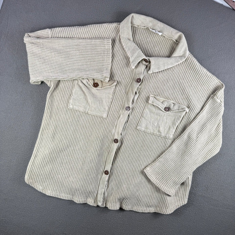 Bucketlist Shirt Women S Beige Waffle Knit Thermal Button Up Shacket ...