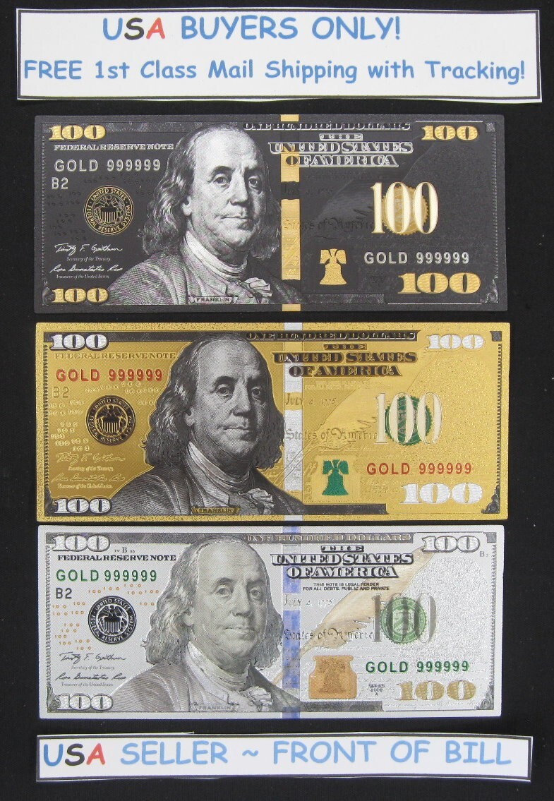 Lot of 3 New Style Black-Bright Gold-Silver 24K Gold Foil 100 Dollar ...