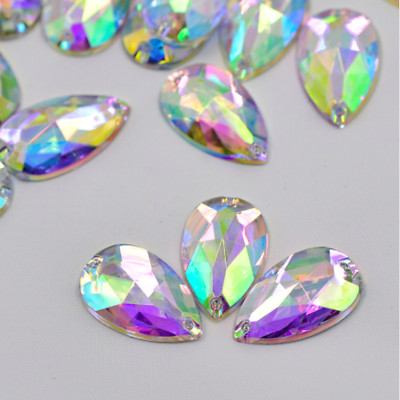 50x Clear AB Flat back Faceted Teardrop Pear Rhinestone Sew On Bead ...