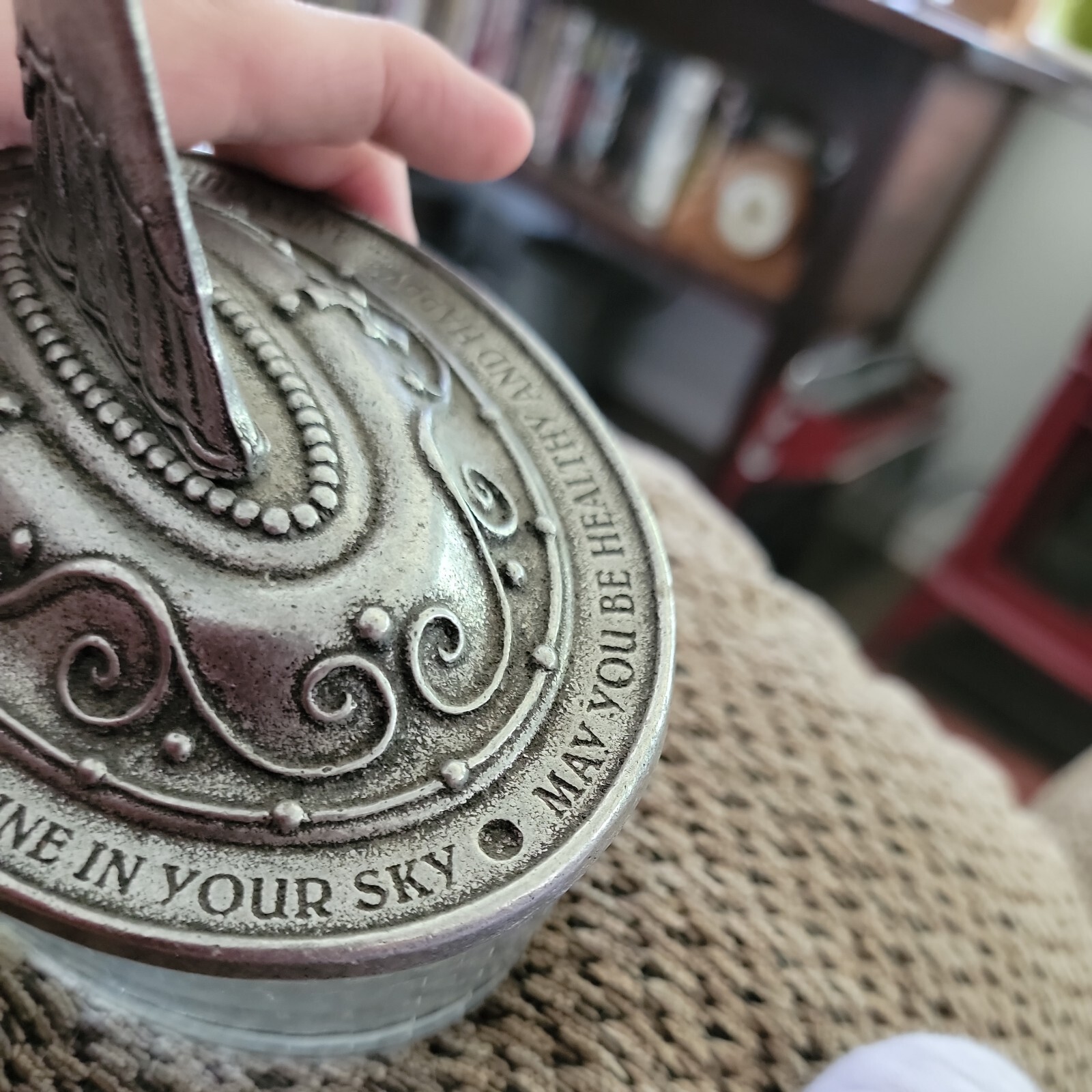 2003 Carson Jewlery Trinket Box Oval Glass Weave Bowl Pewter Angel Lid ...