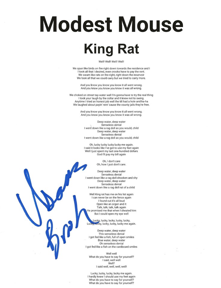 Isaac Brock signed Modest Mouse King Rat Lyrics sheet autograph COA ...