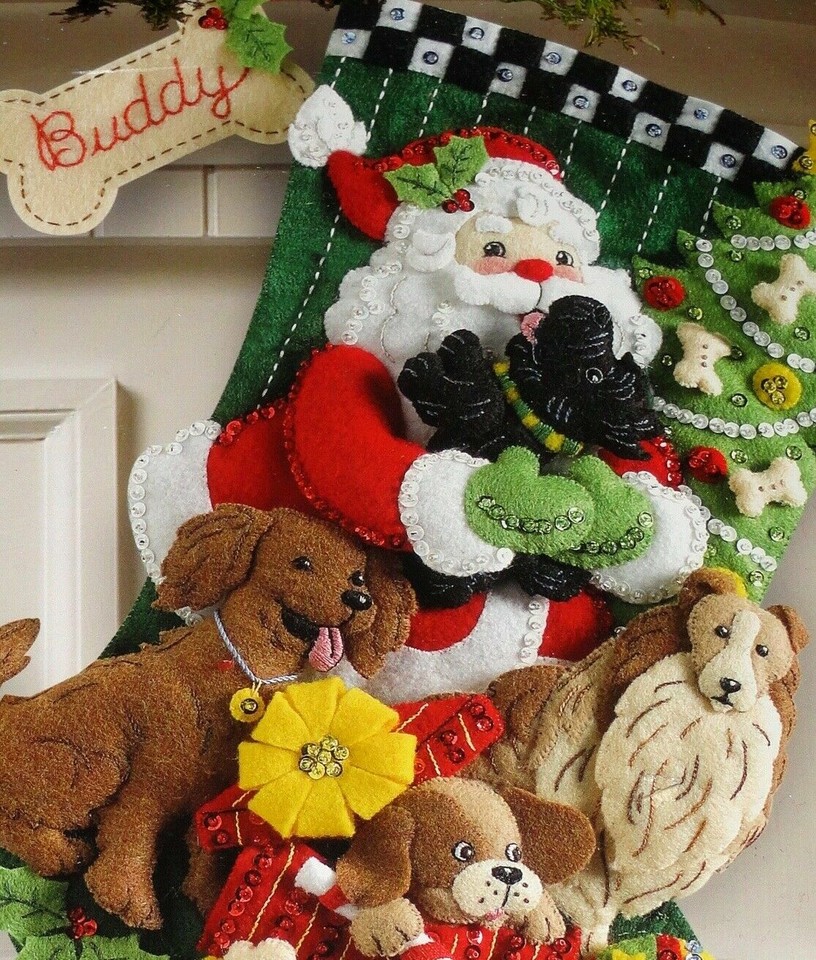 BUCILLA FELT JEWELED CHRISTMAS STOCKING KIT SANTA PAWS DOGS NEW | eBay