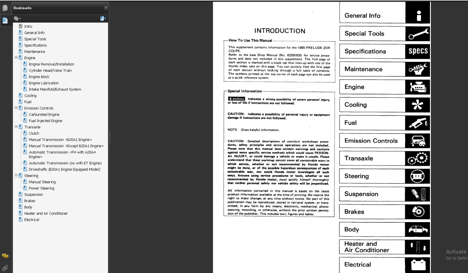 HONDA PRELUDE WORKSHOP SERVICE MANUAL 1983-1997 BA2 BA3 BA4 BA5 BA8 BB2 ...