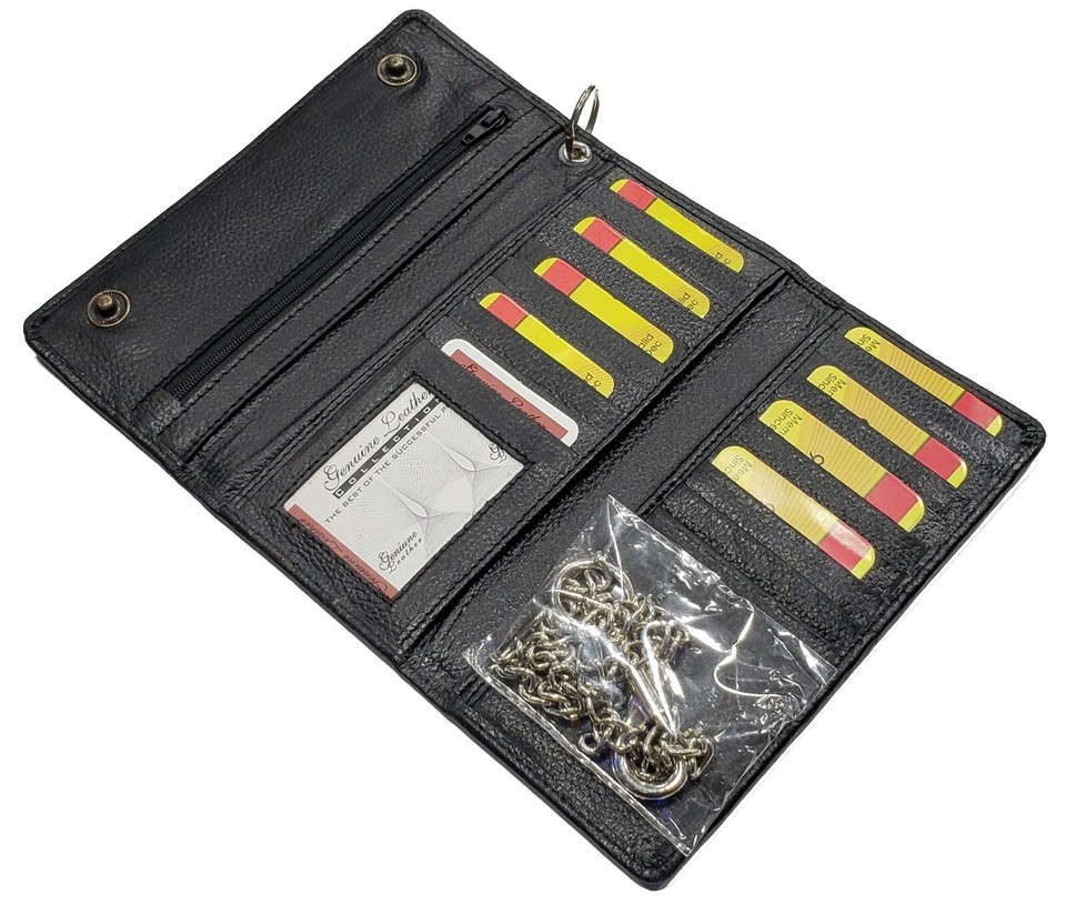 Genuine Cowhide Leather Trifold Long Chain Motorcycle Biker Trucker ...