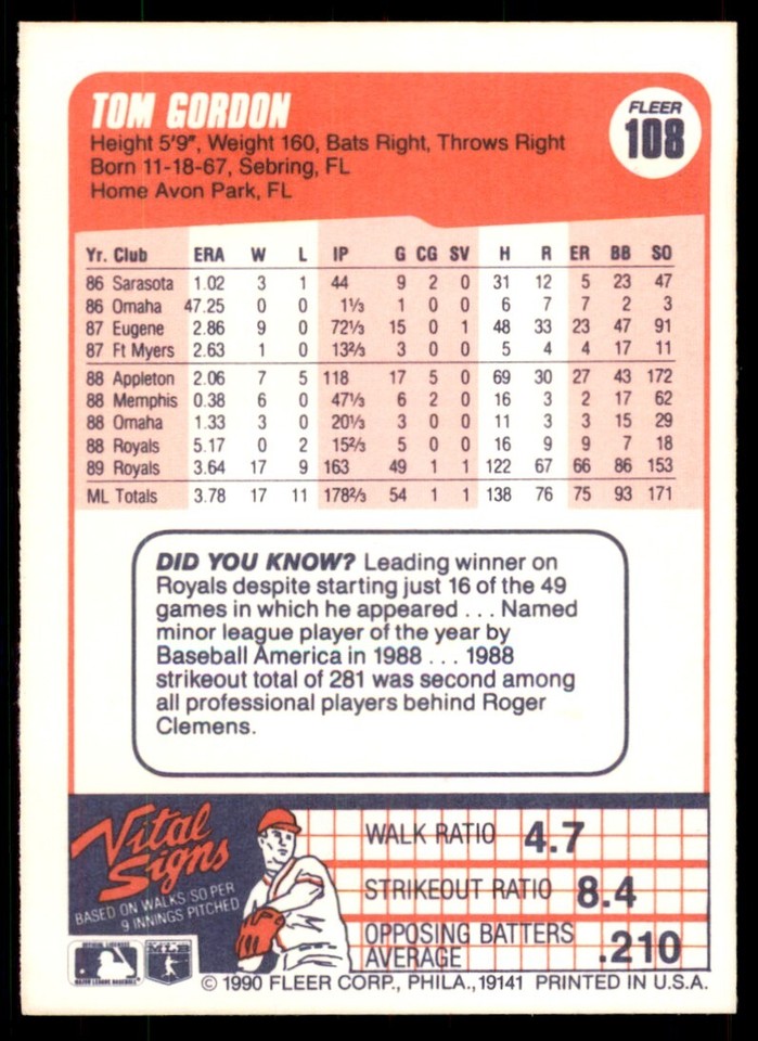1990 Fleer Tom Gordon Baseball Cards #108 | eBay