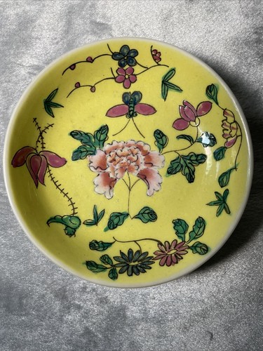 Chinese Enameled Small Bowl Dish Yellow with Flowers & Bug Set of 6 **2 ...