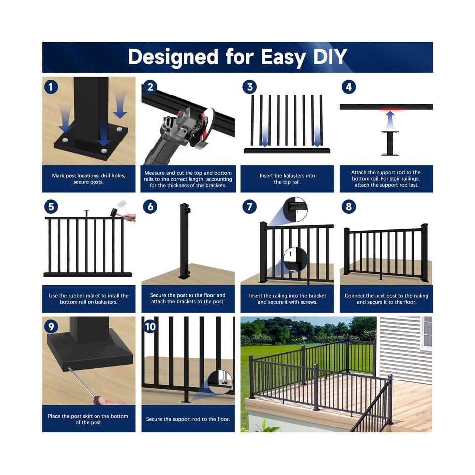 36 in. H x 12 ft. W Porch and Deck Railing Kit, Aluminum Railing Kit ...