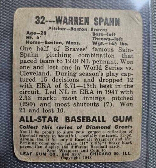 1948 Leaf # 32 Warren Spahn RC Rookie Card | eBay