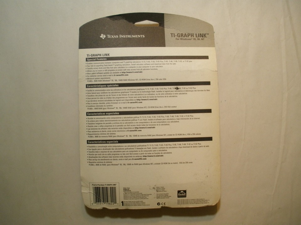 Texas Instruments TI-Graph Link Cable and Software For Windows 95, 98 ...