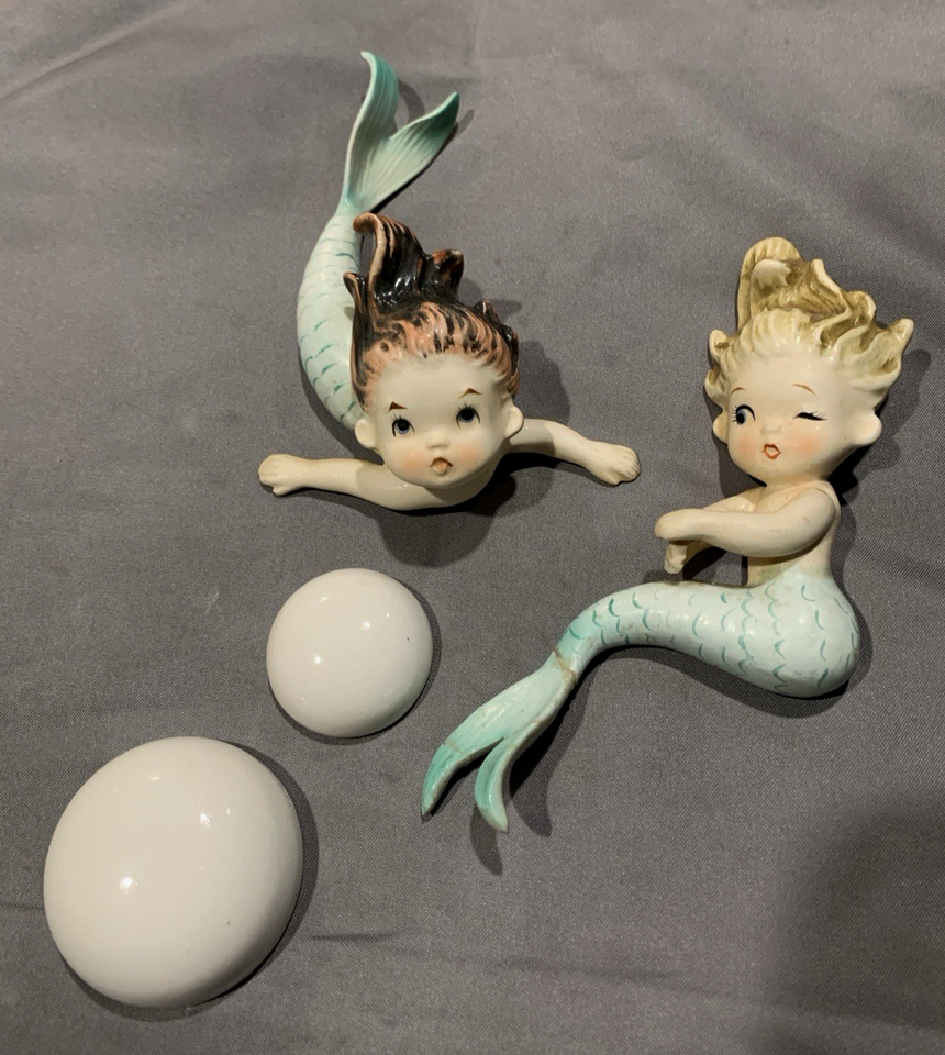1950s VINTAGE MERMAID WALL PLAQUES SET - 2 MERMAIDS 2 BUBBLES LEFTON ...