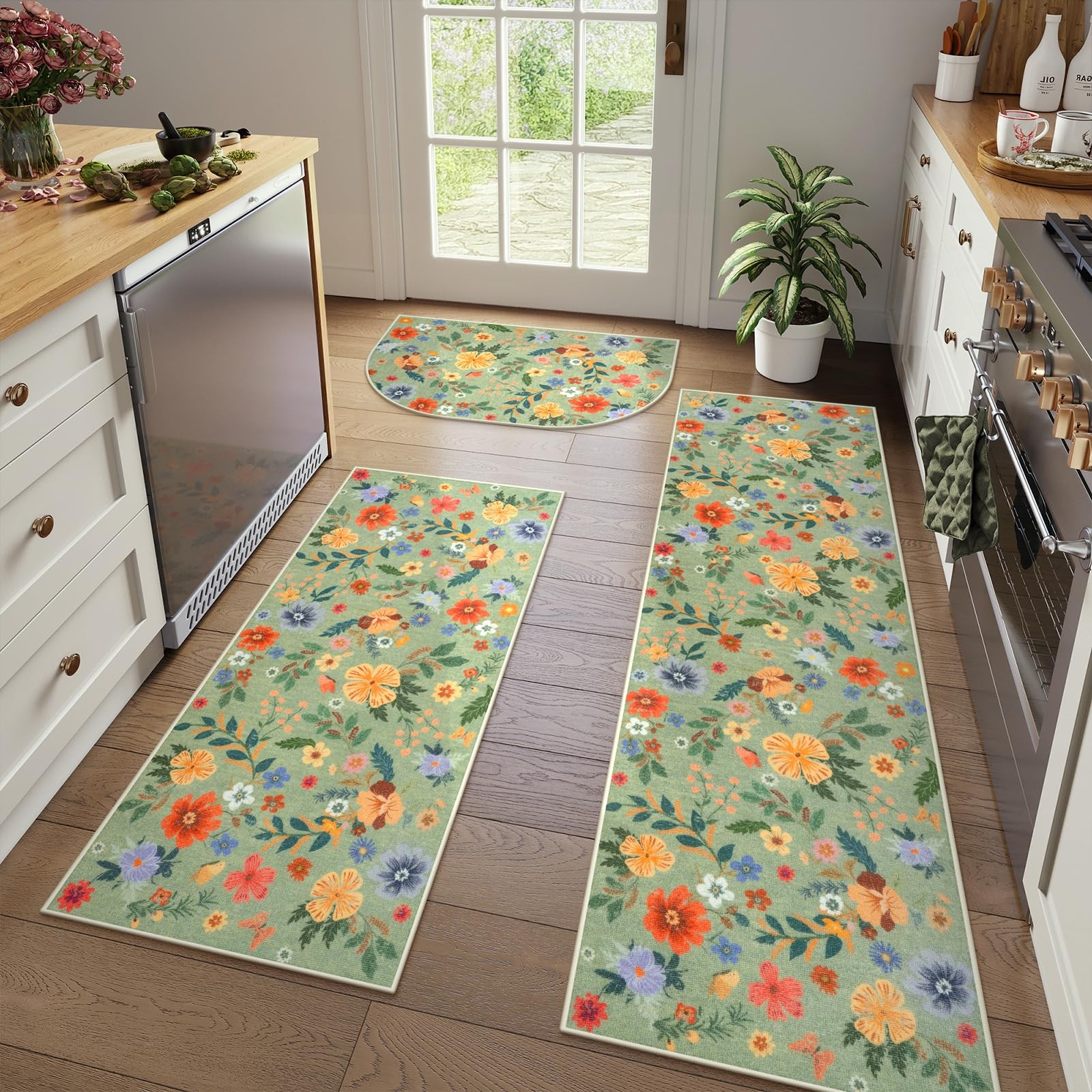 Boho Floral Kitchen Rugs Sets of 3, Green Kitchen Rugs Non Skid ...