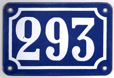 Old blue French house number 293 door gate plate plaque enamel steel ...