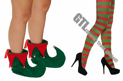 gtl GREEN & RED ELF BOOTS AND TIGHT ELF CHRISTMAS SANTA FANCY DRESS ...