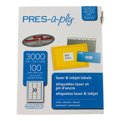 3000 Labels Address Labels Pres-a-ply 1" x 2-5/8" Laser & Inkjet White ...