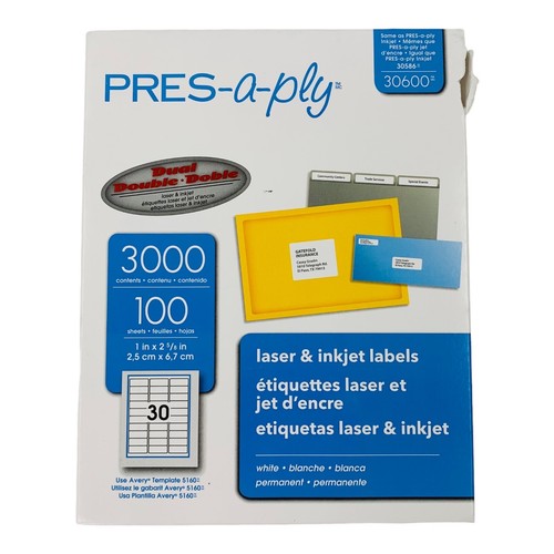 3000 Labels Address Labels Pres-a-ply 1" x 2-5/8" Laser & Inkjet White ...