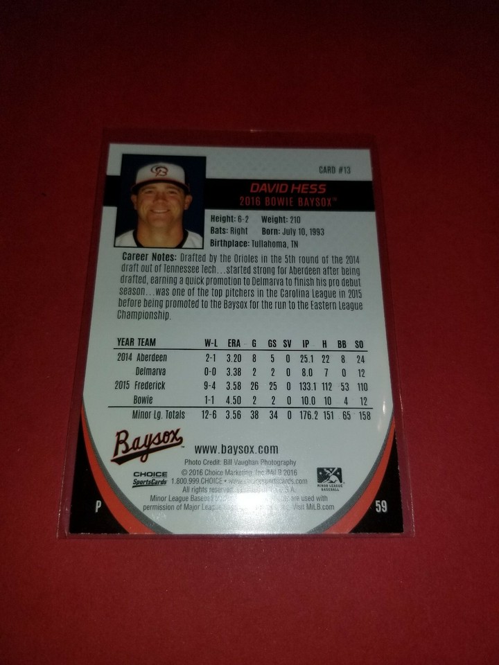 David Hess Baltimore Orioles Autograph on Card Bowie Baysox Baseball ...