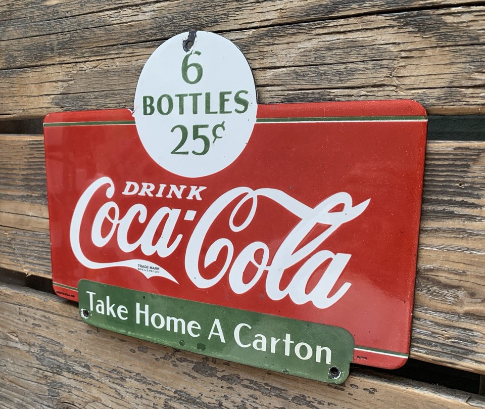 VINTAGE Drink COCA-COLA 6 Bottles 25c SODA POP COKE PORCELAIN GAS OIL ...