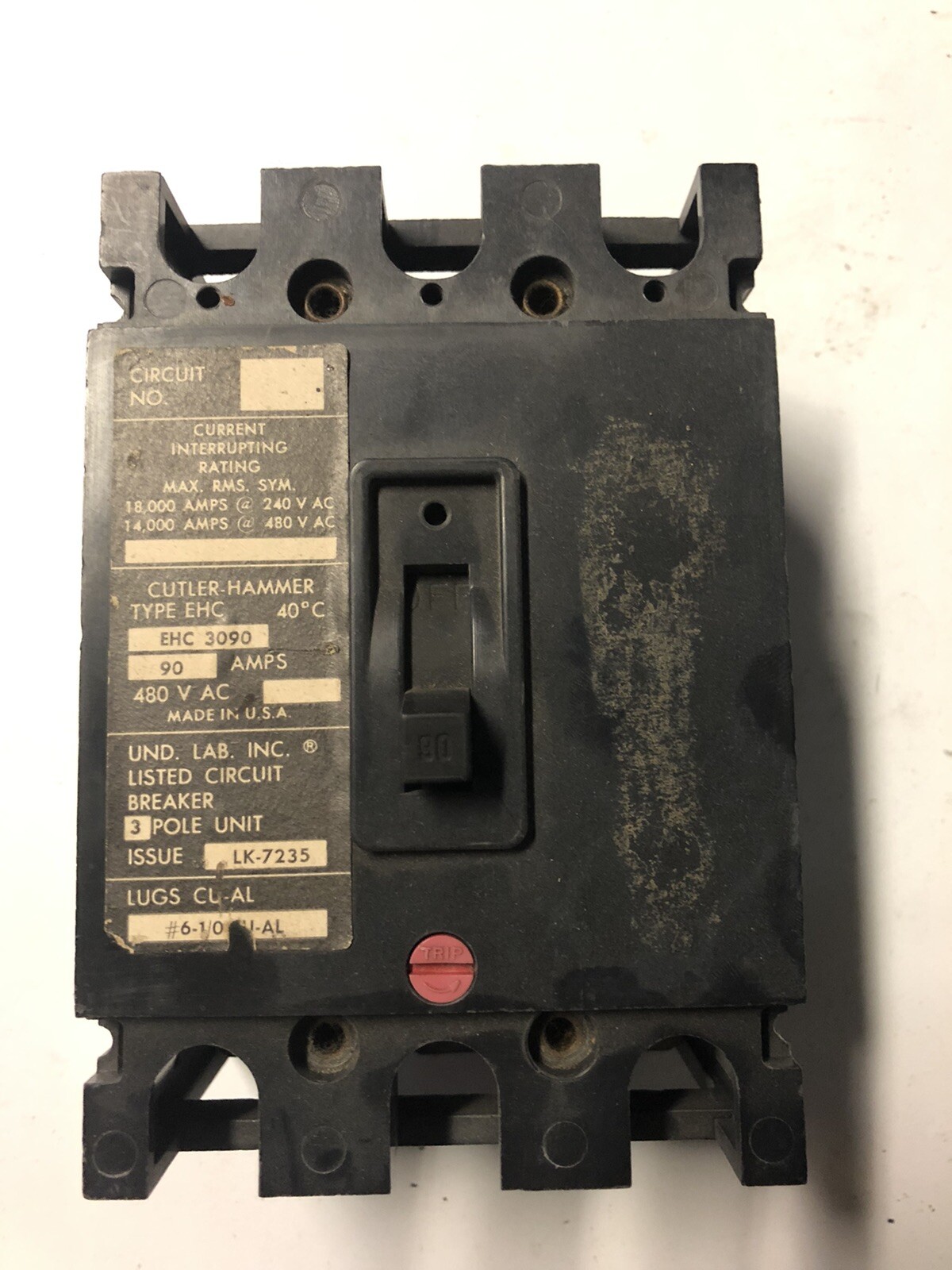 CUTLER HAMMER CIRCUIT BREAKER 90 AMP 3P EHC 3090