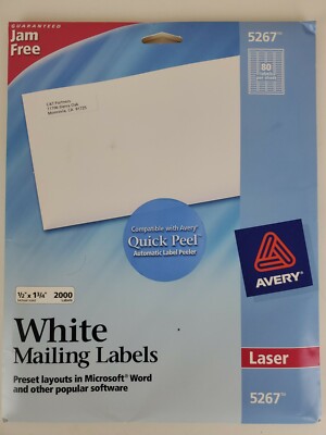 Avery 5267 Jam Free Return Address Labels Laser 1/2 x 1-3/4 White 2000 ...
