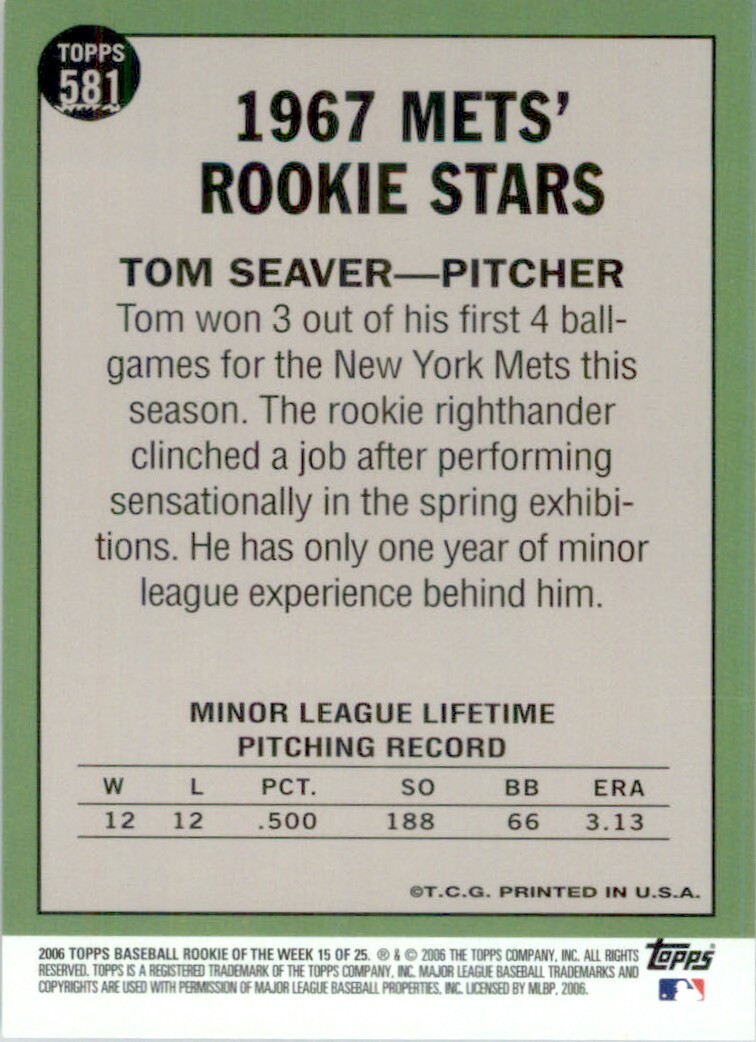 2006 Topps Rookie of the Week Tom Seaver New York Mets #15 | eBay