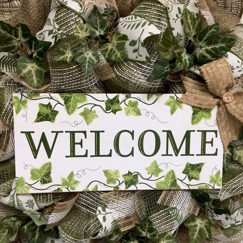 Welcome Ivy Wreath Handmade Deco Mesh | eBay