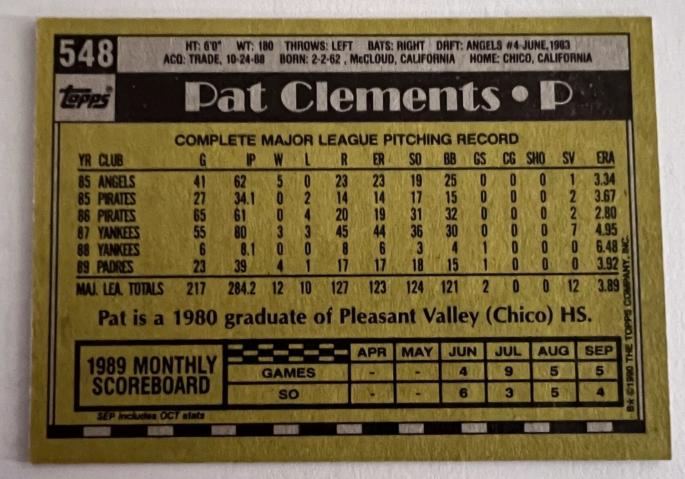 1990 Topps Pat Clements #548 San Diego Padres | eBay