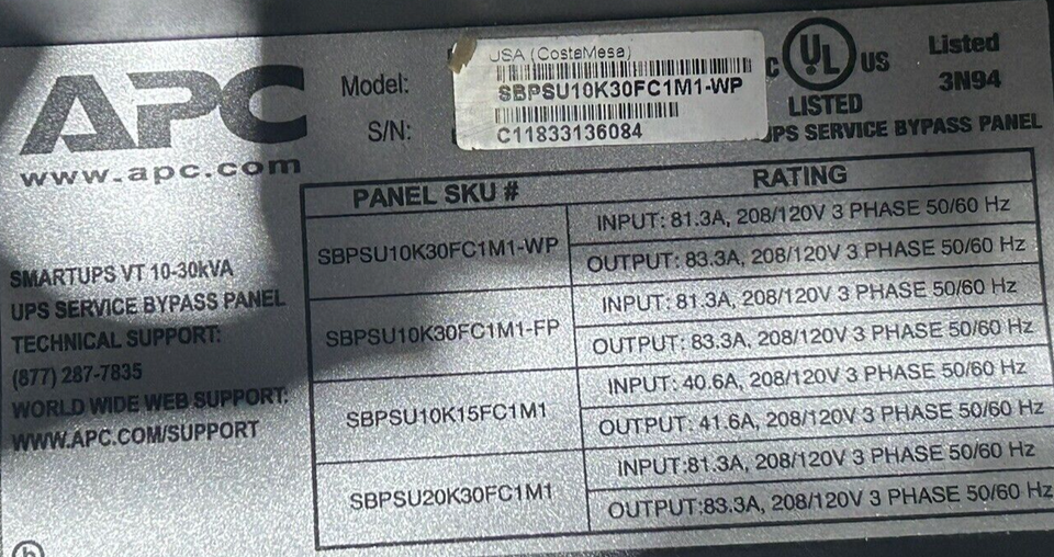APC Smart-UPS VT Maintenance Bypass Panel 10-30kVA, 208V ...