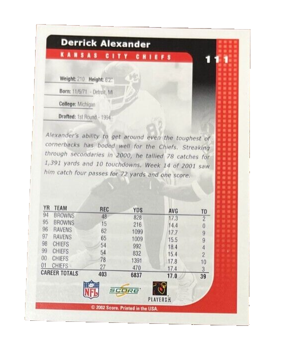 2002 SCORE CARD # 111 Derrick Alexander - Kansas City Chiefs | eBay