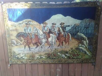 13379 Vintage WESTERN COWBOY HORSE TAPESTRY WALL HANGING Made in Italy ...
