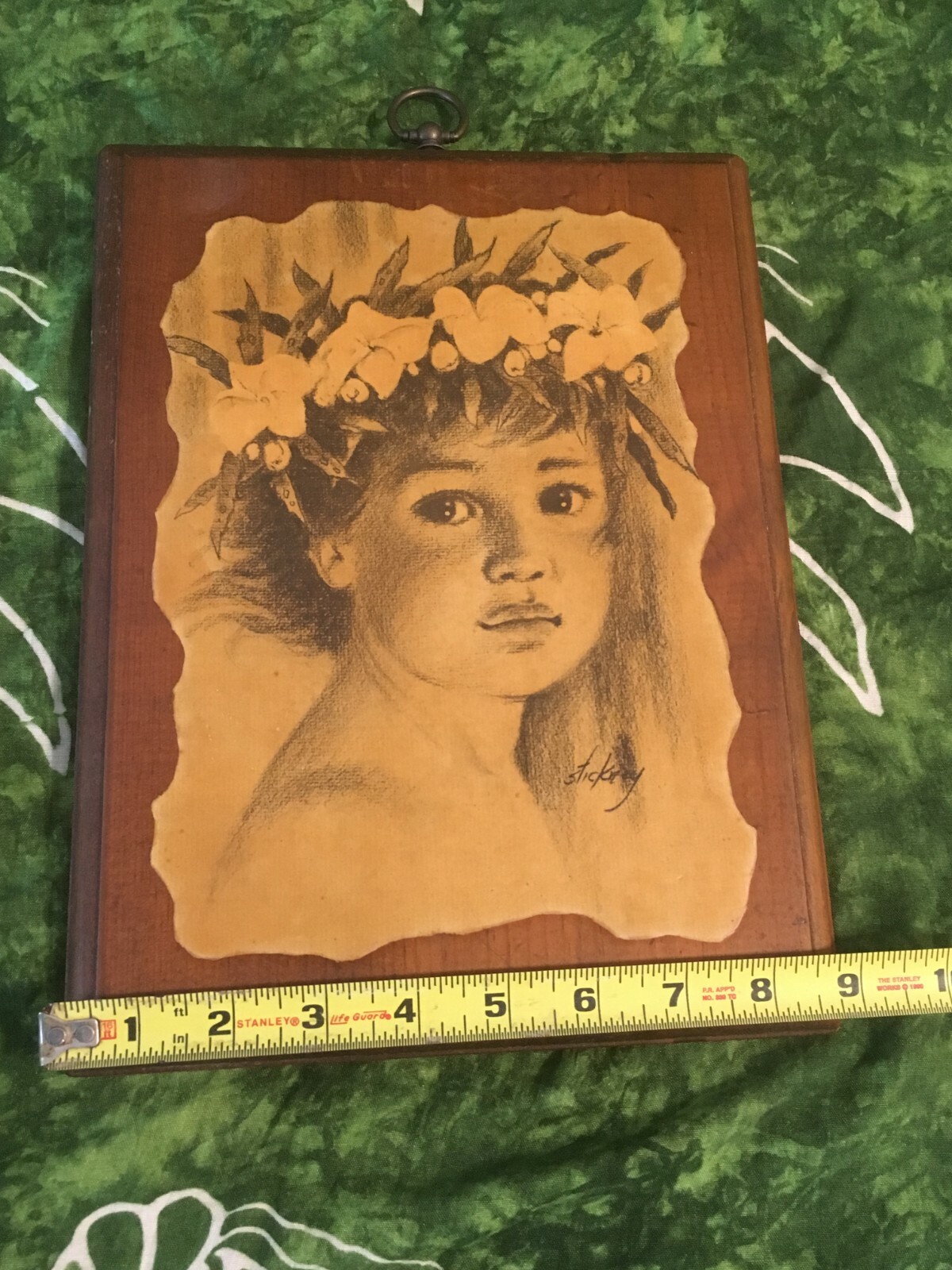 James Stickney picture of boy with head Lei on wood board | eBay