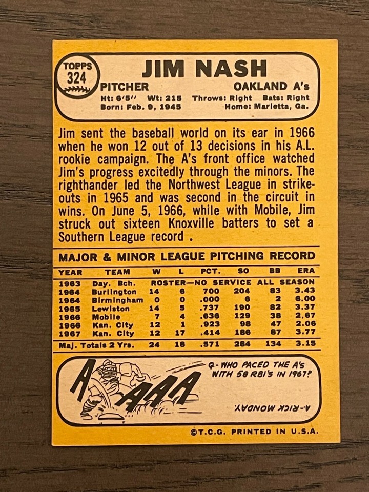 1968 Topps Jim Nash #324 Oakland Athletics | eBay