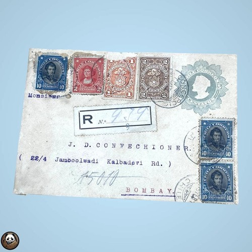 1913 CHILE Registered Cover VALPARAISO to BOMBAY India WORLD CLASS RARE ...