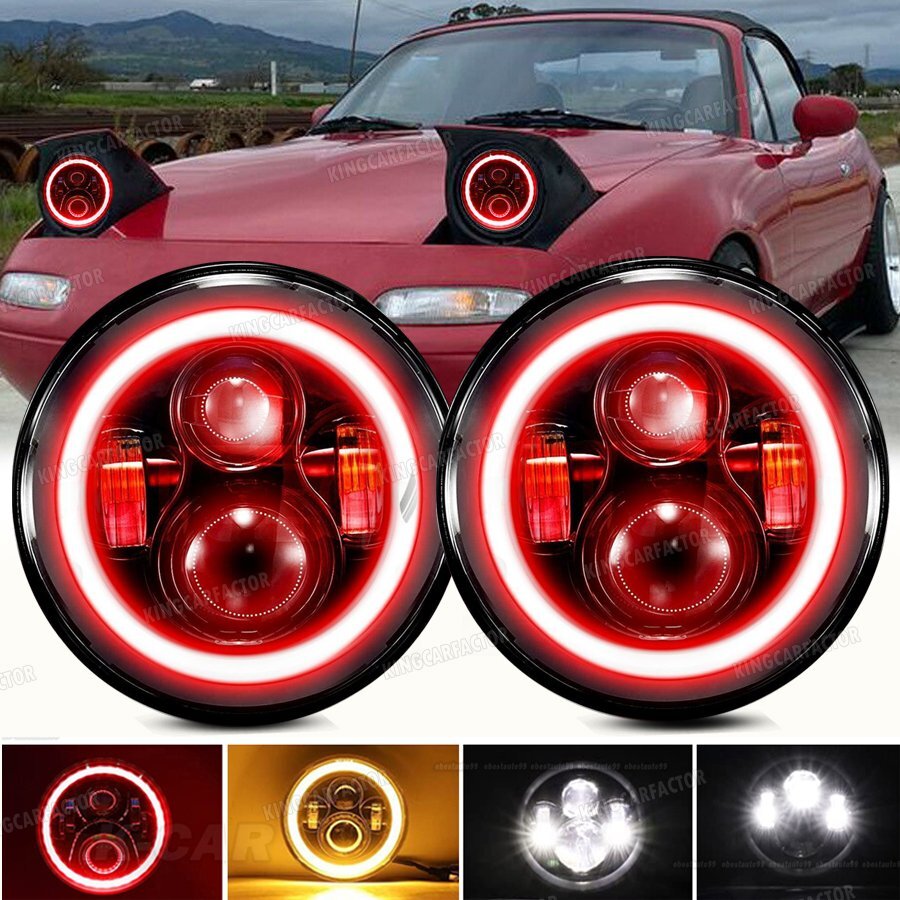 90W Round Red LED Halo Projector Headlights For 1990-1997 Mazda Miata ...