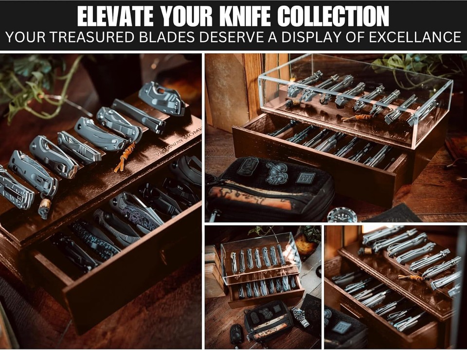16 Pocket Knives Display Case Wood Cabinet Collection Knife Drawer Box ...