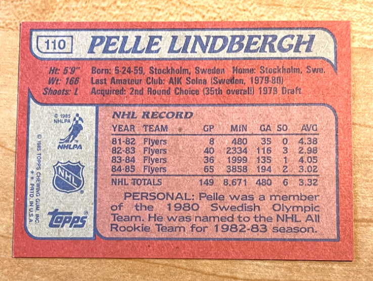 Pelle Lindbergh 1985-86 Topps #110 | eBay