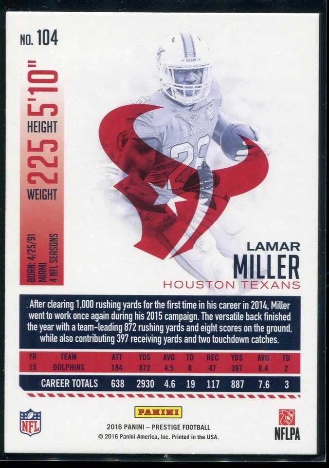 2016 Panini Prestige Extra Points Lamar Miller #104 Houston Texans | eBay