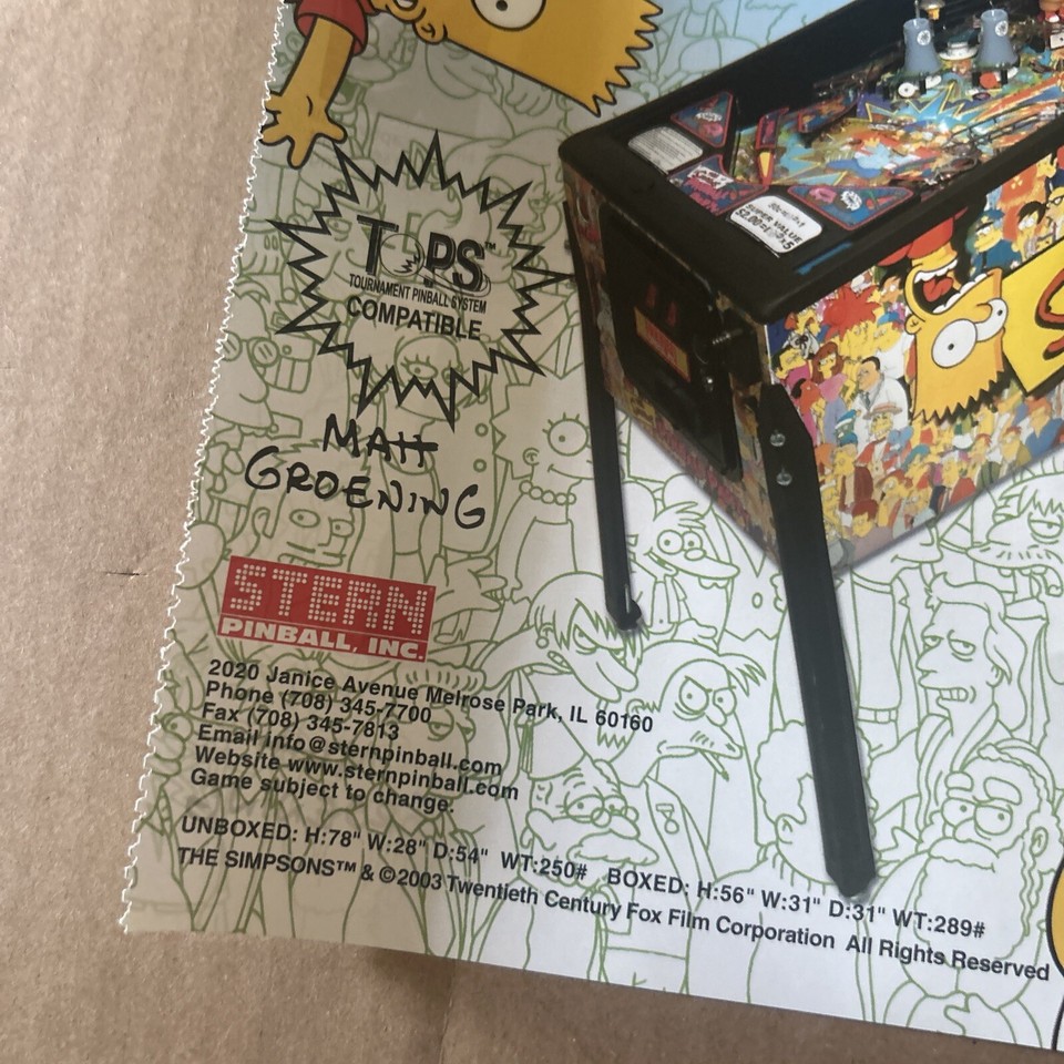 original 11- 8" The Simpsons Pinball Party Stern 2003 arcade game AD ...