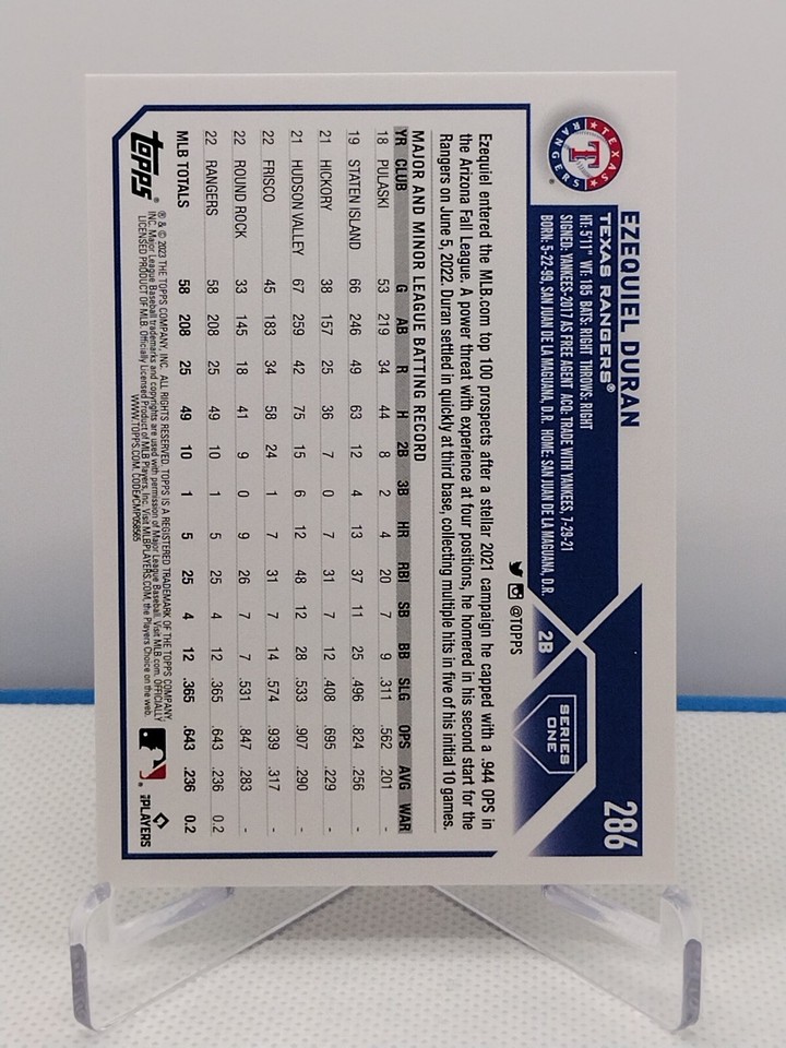 Ezequiel Duran RC 2023 Topps Series 1 Texas Rangers Rookie Card #286 | eBay