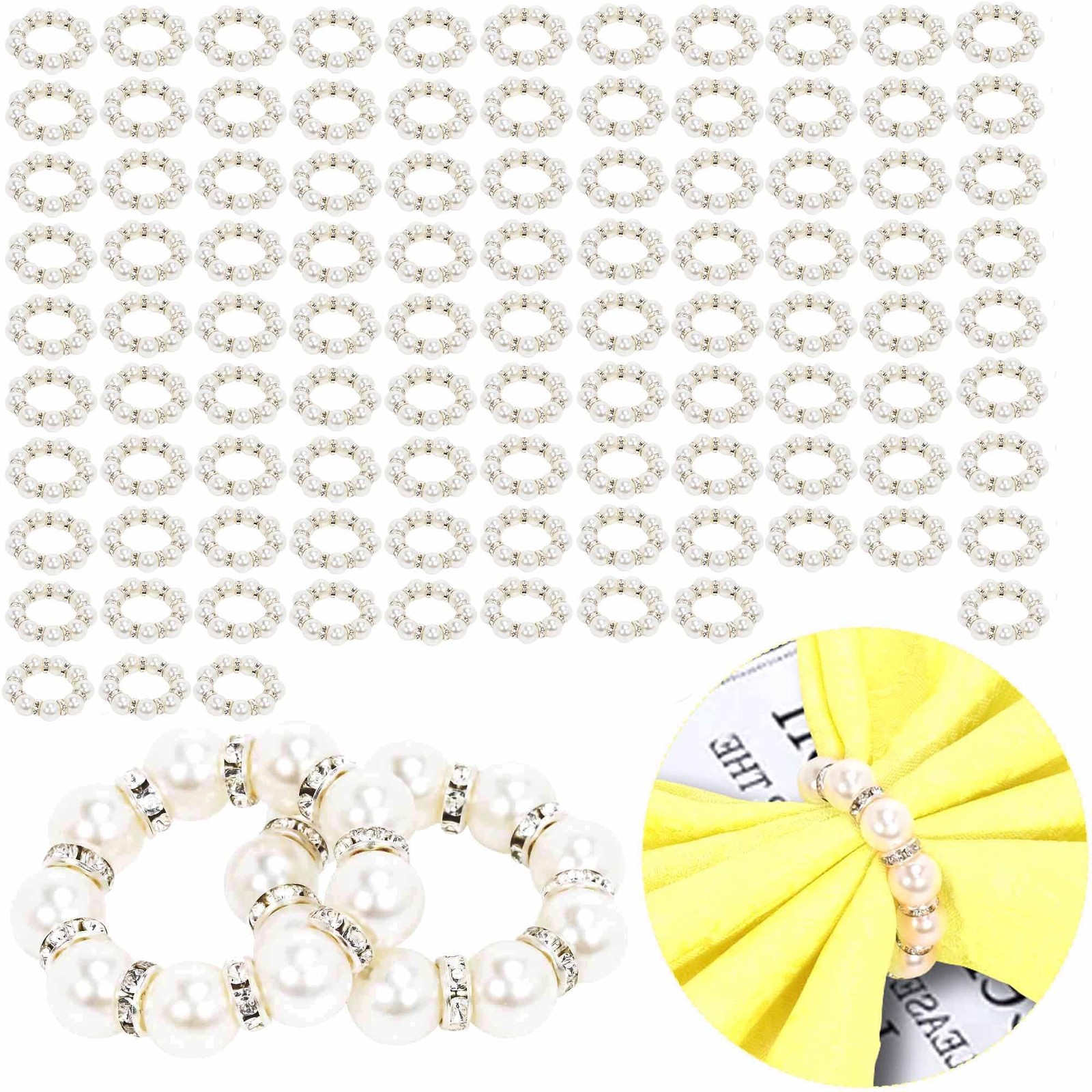 GENMOUS Set of 100 Silver Pearl Napkin Rings, Elegant Imitation Beaded ...