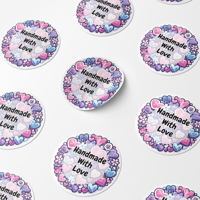 Handmade With Love Circle Stickers - 25mm - 35mm - 50mm - 60mm Matte or ...