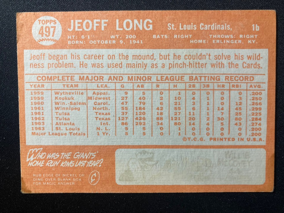 Jeoff Long #497 ⚾️ 1964 topps St. Louis Cardinals Rookie Card🔥 | eBay