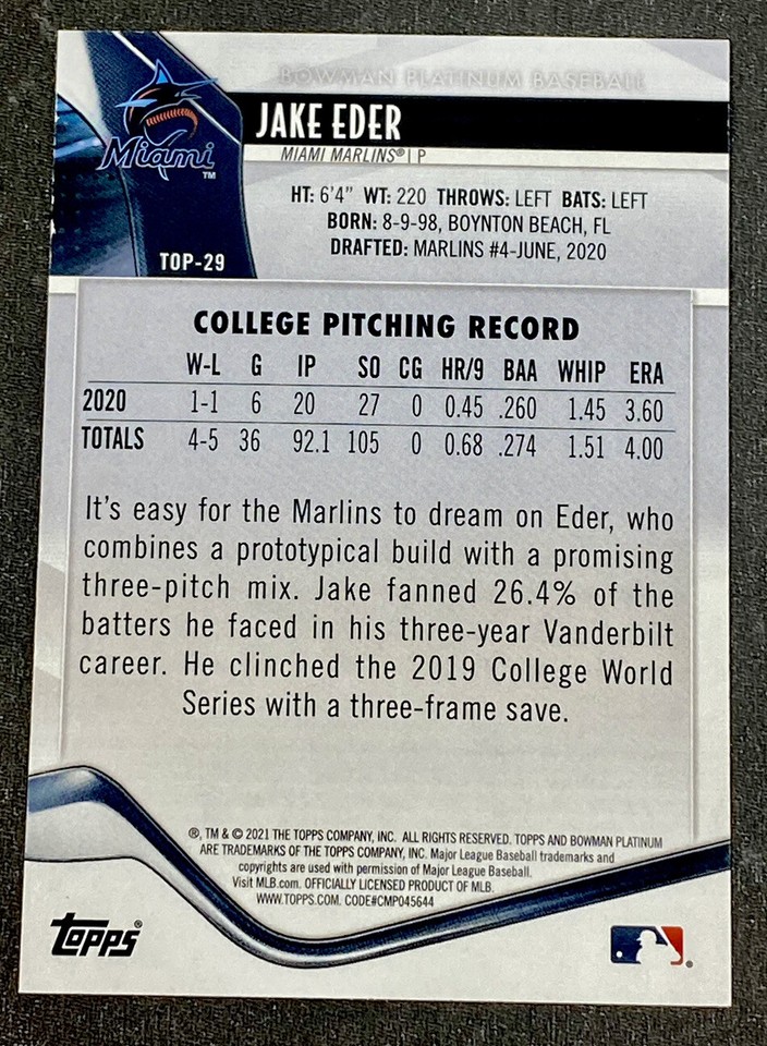 Jake Eder /199 PINK Parallel Card 2021 Bowman Platinum Top Prospects # ...
