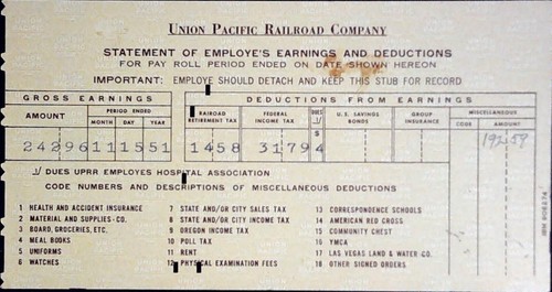 Union Pacific Railroad Payroll Stub Employee Wage Record Pay Tax ...