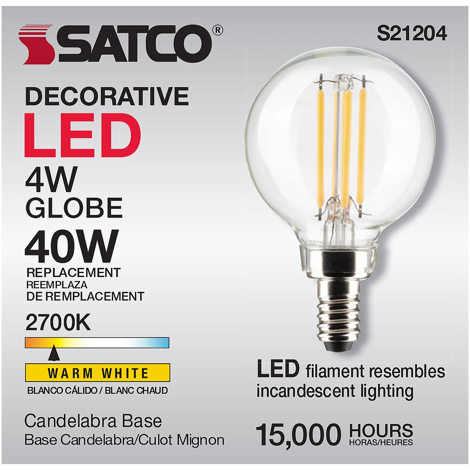 Satco S21204 LED Filament Bulb 120V 4W 40W G16.5 Candelabra E12 2700K ...
