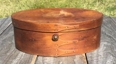 Antique Shaker Wooden Oval Sewing Box w/Lid Finger Banding Brocade ...
