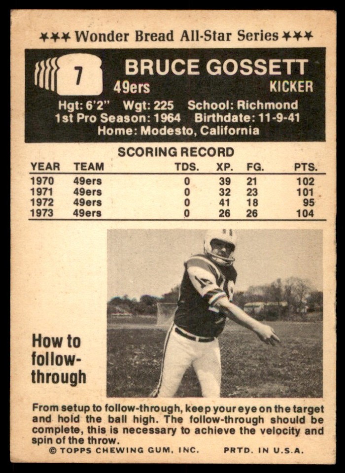 1974 WONDER BREAD BRUCE GOSSETT SAN FRANCISCO 49ERS #7 | eBay