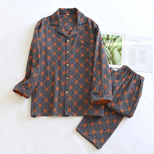 Men 100% Cotton Pajamas Set Autumn Pyjamas Long Sleeve Shirt and Pants ...