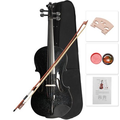 Full-Size 4/4 Midnight Black Sparkle Violin Fiddle with Case, Bow and ...
