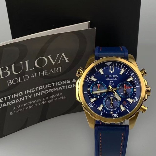 New Bulova Marine Star 97B168 Blue Dial Men's Chronograph Quartz Watch ...